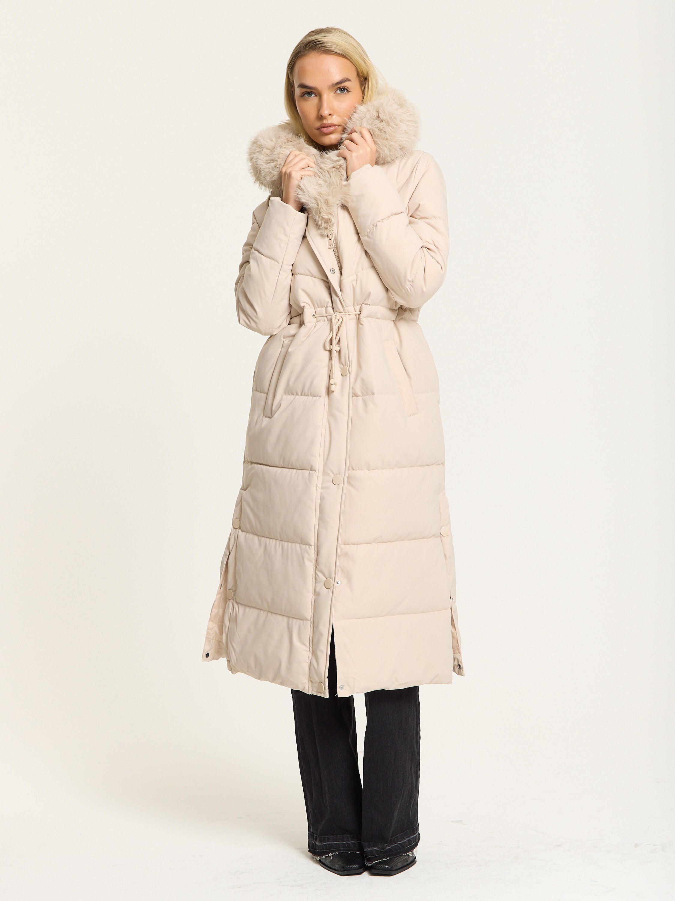 Beige Long Padded Coat with Faux Fur Hood – Liquorish Online