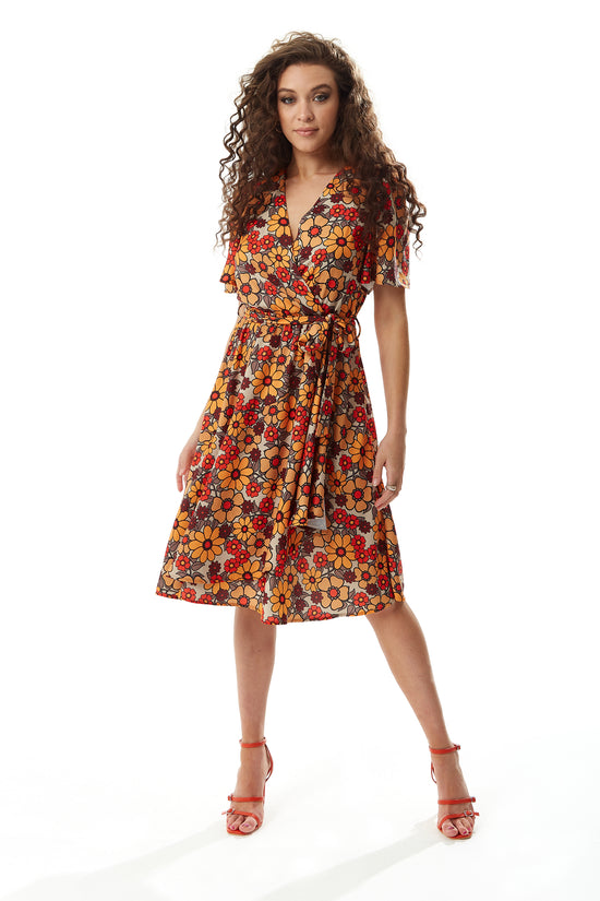 Liquorish Women’s Midi Wrap Dress in Vibrant Orange and Red Floral ...
